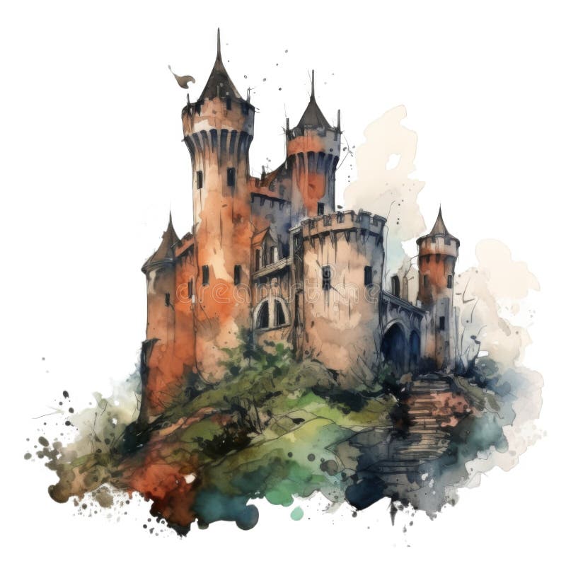 Watercolor Painting of a Stone Castle on a Hillside Stock Image ...