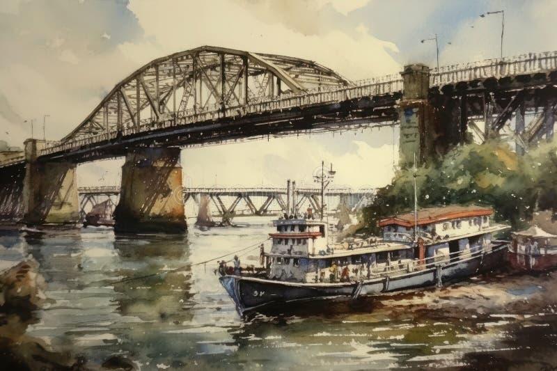 Watercolor Painting of a Suspension Bridge. Stock Illustration ...