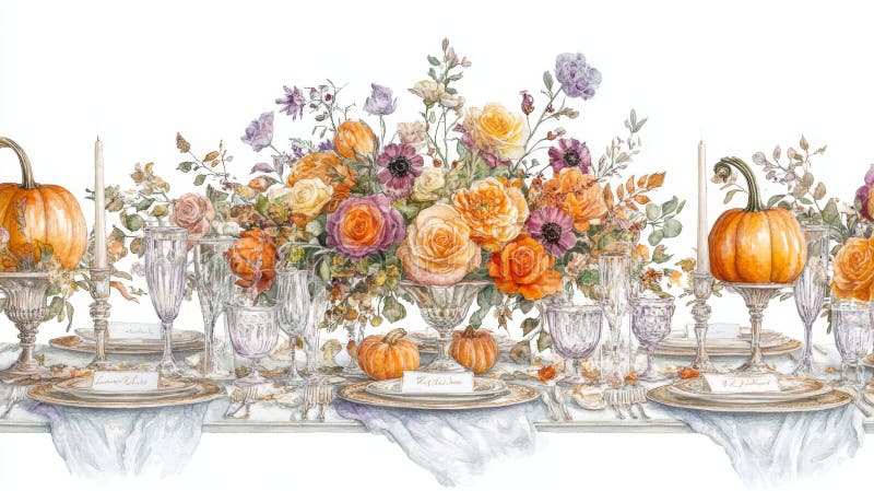 Watercolor Painting of a Thanksgiving Dinner Table Setting Stock ...
