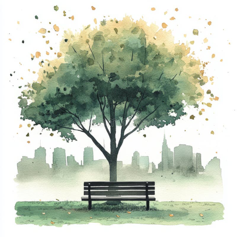 Watercolor Painting of a Tree and Bench in a City Park. Stock Image ...