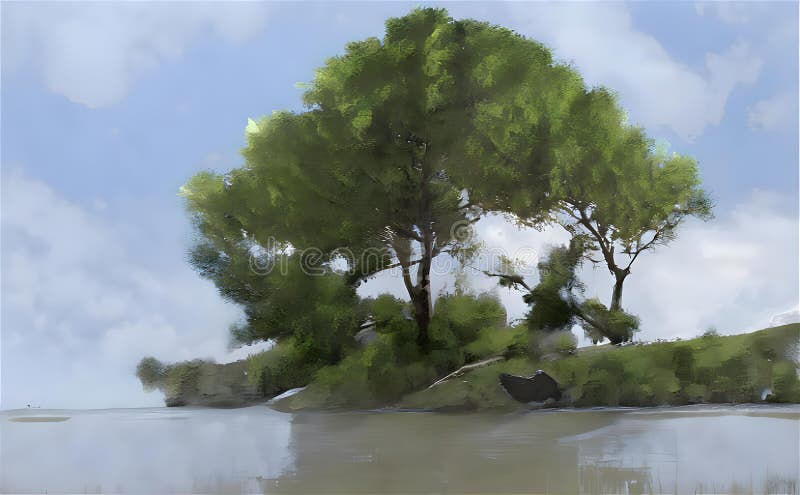 Watercolor Painting of a Tree by the Lake Stock Photo - Image of tree ...