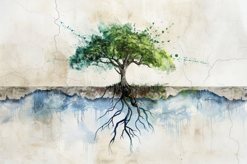A Watercolor Painting of a Tree with Roots Extending into the Water ...