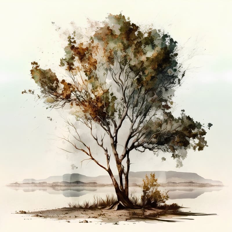 Watercolor Painting of a Tree on the Shore of a Lake. Stock ...