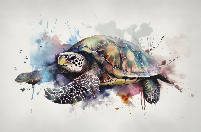 Watercolor Painting of Turtle with Paint Splashes on a White Background ...