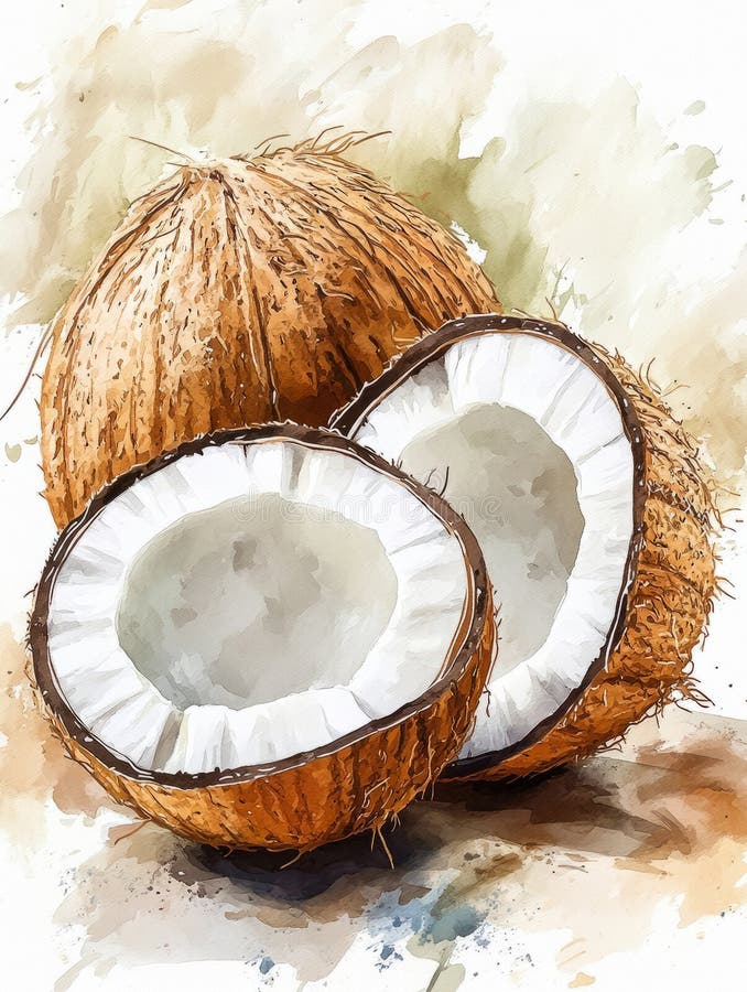Watercolor Painting of Two Coconuts. Stock Photo - Image of fruit ...