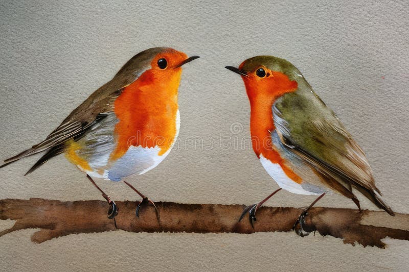 Watercolor Painting of Two Robins Stock Illustration - Illustration of ...