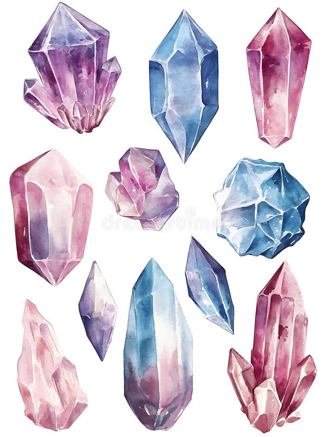 Watercolor Painting of Various Colorful Crystals Stock Illustration ...