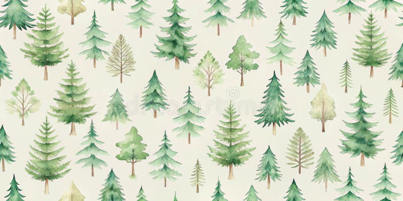 Watercolor Painting of Various Evergreen and Deciduous Trees Arranged ...