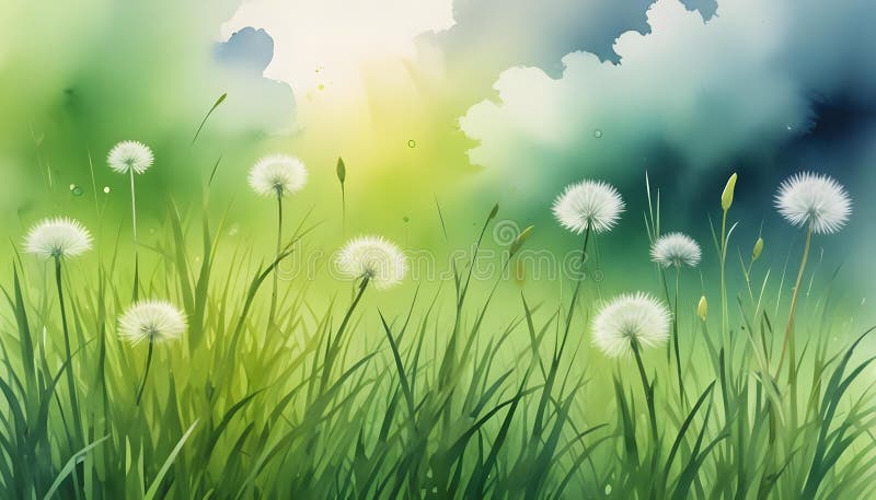 Watercolor Painting of Vibrant Spring Grass Texture with Dandelions and ...