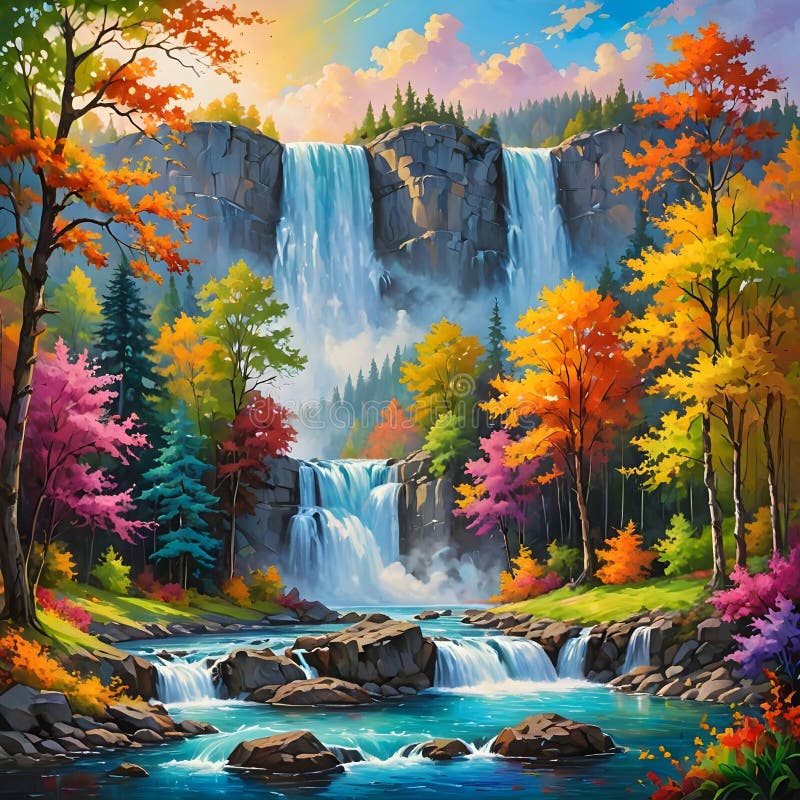 A Watercolor Painting of a Waterfall in a Forest Full of Colorful Trees ...