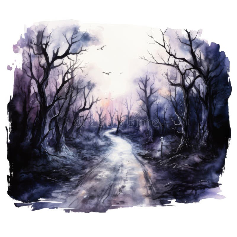 Watercolor Painting of a Winding Path through a Dark Forest Stock Photo ...