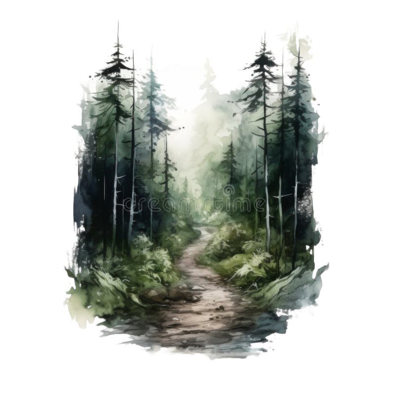 A Watercolor Painting of a Winding Path through a Misty Forest Stock ...