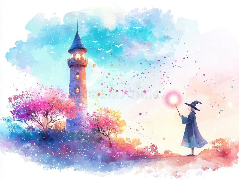 Watercolor Painting of a Wizard Casting Magic in Front of a Fairytale ...