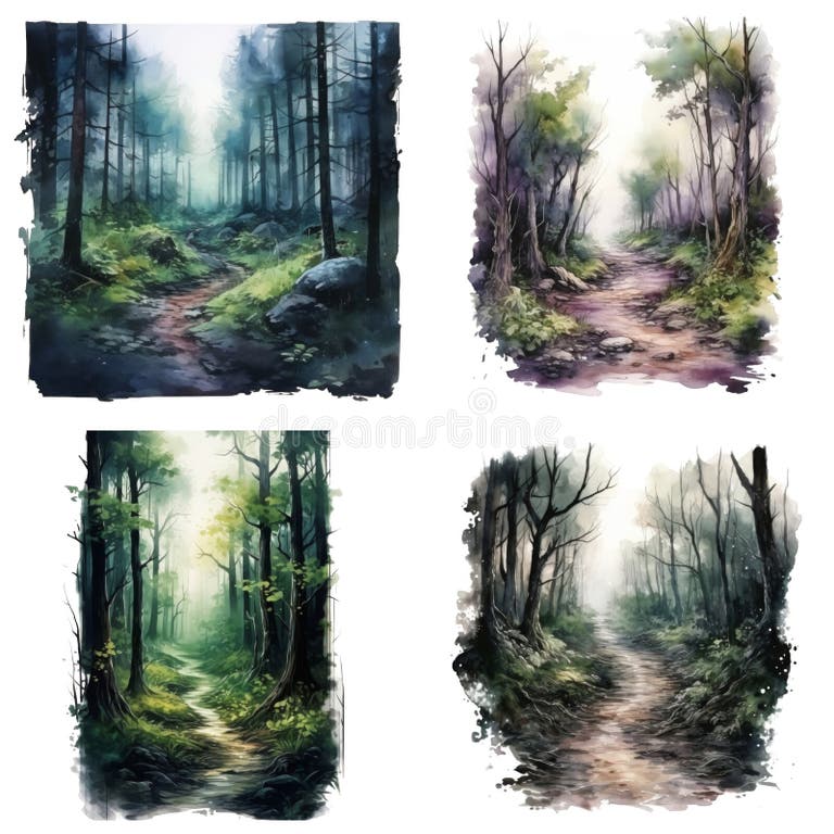 Watercolor Paintings of Forest Paths in Different Seasons Stock Photo ...