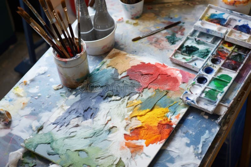 Watercolor Paints, Brush, and a Partially Painted Canvas Stock ...