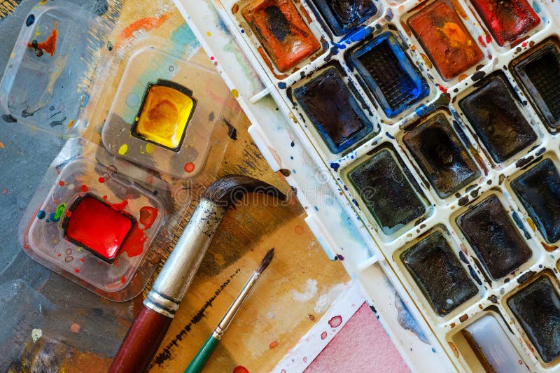 Watercolor Paints and Brushes on the Table Stock Image - Image of ...