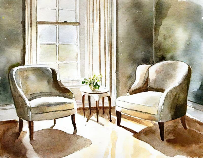 Watercolor of Pair of Chairs Positioned for a Conversation Stock ...