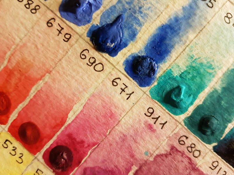 Watercolor Palette with a Samples and Numbers of Paint on Paper Stock ...