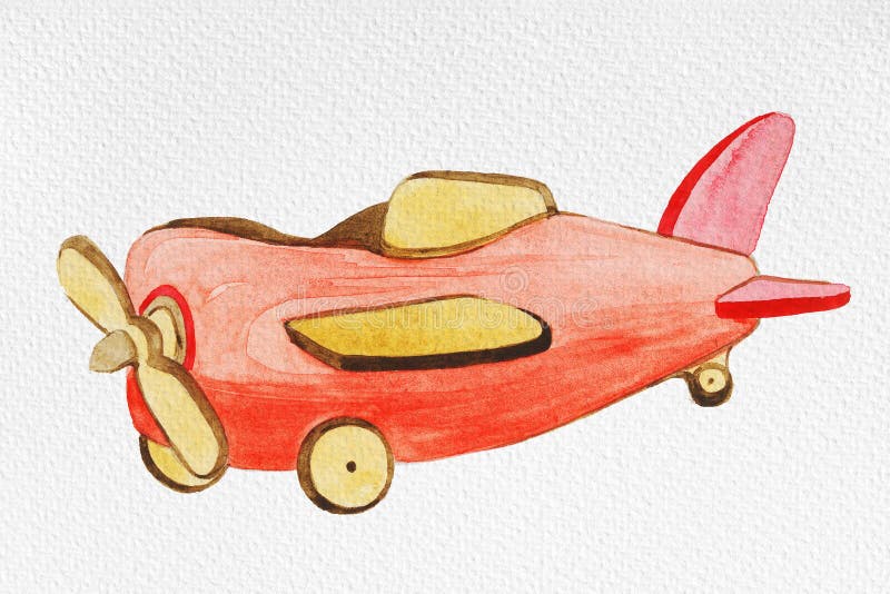 Children`s Bright Illustration of Airplane. Red Airplane in Watercolour ...