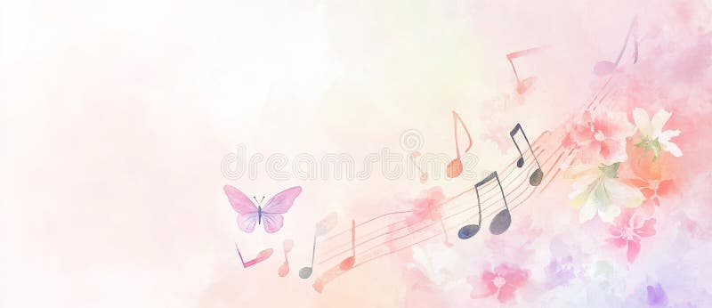 Watercolor Pastel Cherry Blossom Background Music Notes Stock ...