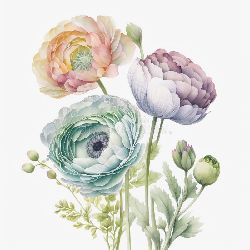Watercolor Pastel Ranunculus Flower, Created with Generative AI Stock ...