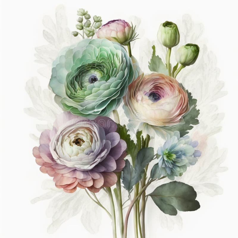 Watercolor Pastel Ranunculus Flower, Created with Generative AI Stock ...