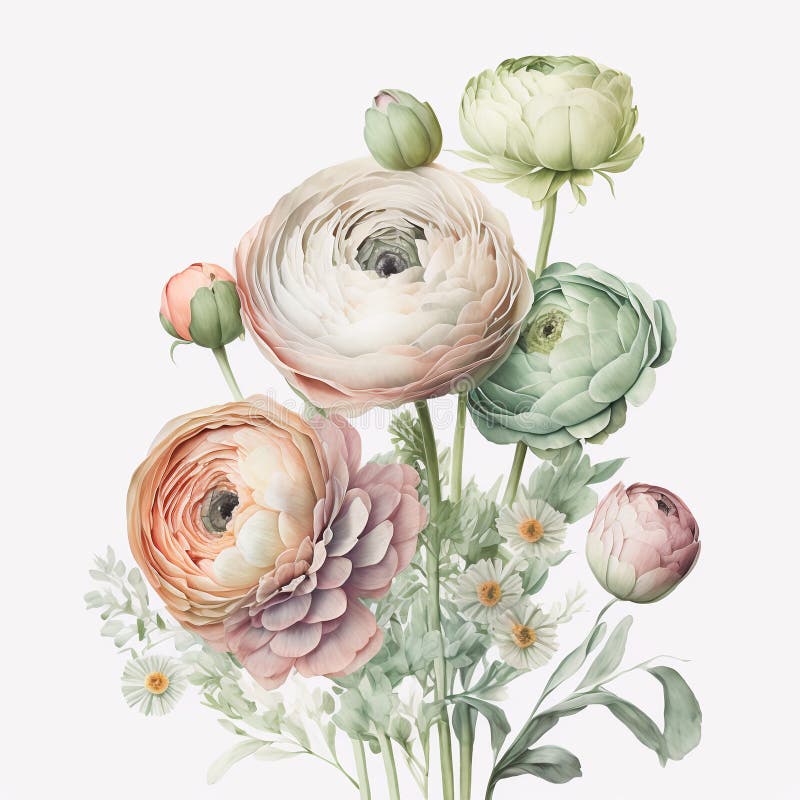 Watercolor Pastel Ranunculus Flower, Created with Generative AI Stock ...