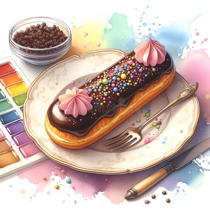Watercolor pastry eclairs stock illustration. Illustration of restaurant - 353697332