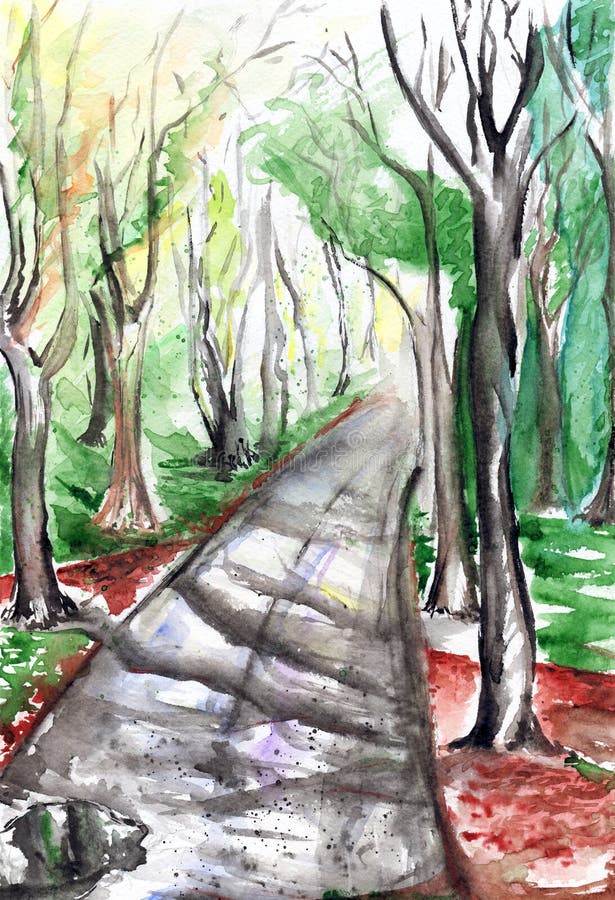 Watercolor Path in the Autumn Park Landscape Stock Illustration ...