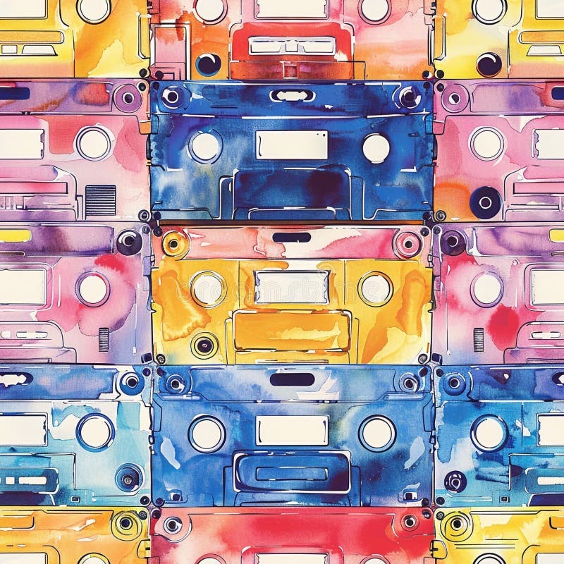 Watercolor Pattern with Audio Cassettes. Pattern in the Style of the ...