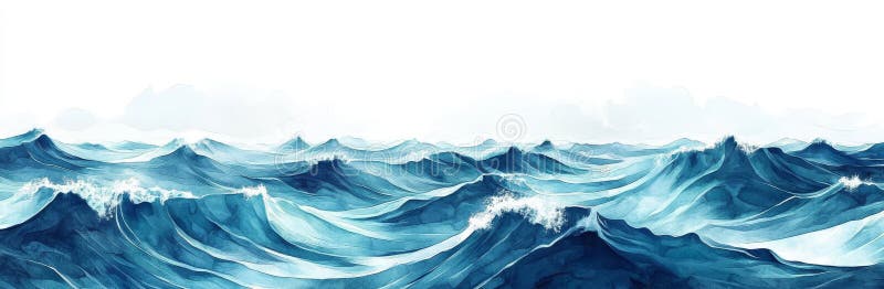A Watercolor Pattern of Blue Waves in a Seamless Horizontal Ocean ...