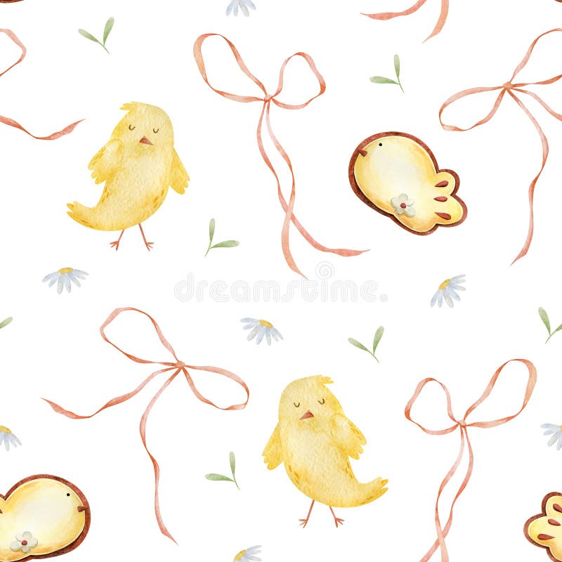 Watercolor Pattern with Chickens and Cookies, Bows. Stock Illustration ...