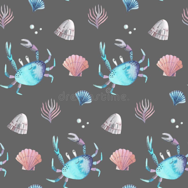 Watercolor Pattern, Crabs and Shells Stock Illustration - Illustration ...