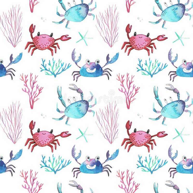 Watercolor Pattern, Crabs and Shells Stock Illustration - Illustration ...