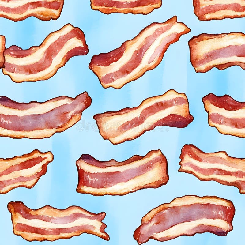 Watercolor Crispy Bacon Pattern Blue Background Breakfast Food Meat ...