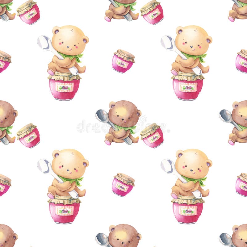 Watercolor Pattern with Cute Bears and Raspberry Jam. Stock Image ...