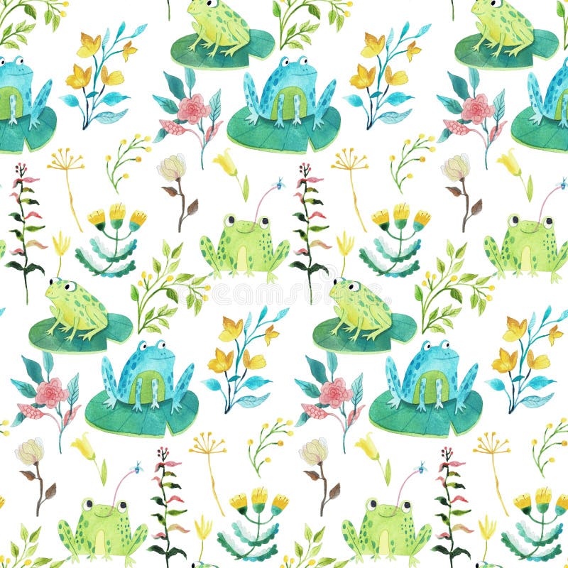 Watercolor Pattern with Cute Frogs in Cartoon Style Stock Illustration ...