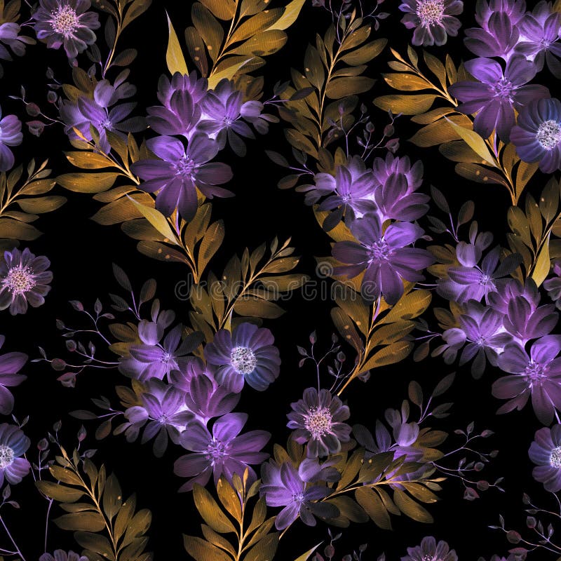 Watercolor Pattern with the Different Purple Flowers and Wild Herbs ...