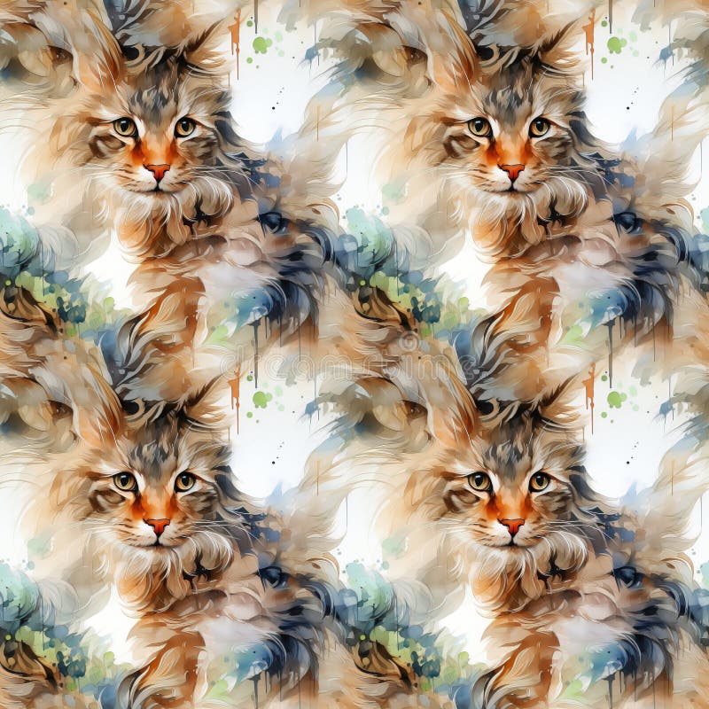 Watercolor Pattern Featuring Realistic Fluffy Cats with Intense Gazes ...