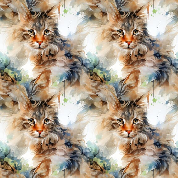 Watercolor Pattern Featuring Realistic Fluffy Cats with Intense Gazes ...