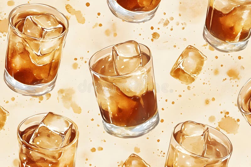 Watercolor Pattern of Iced Coffee Drinks with Ice Cubes on Beige ...