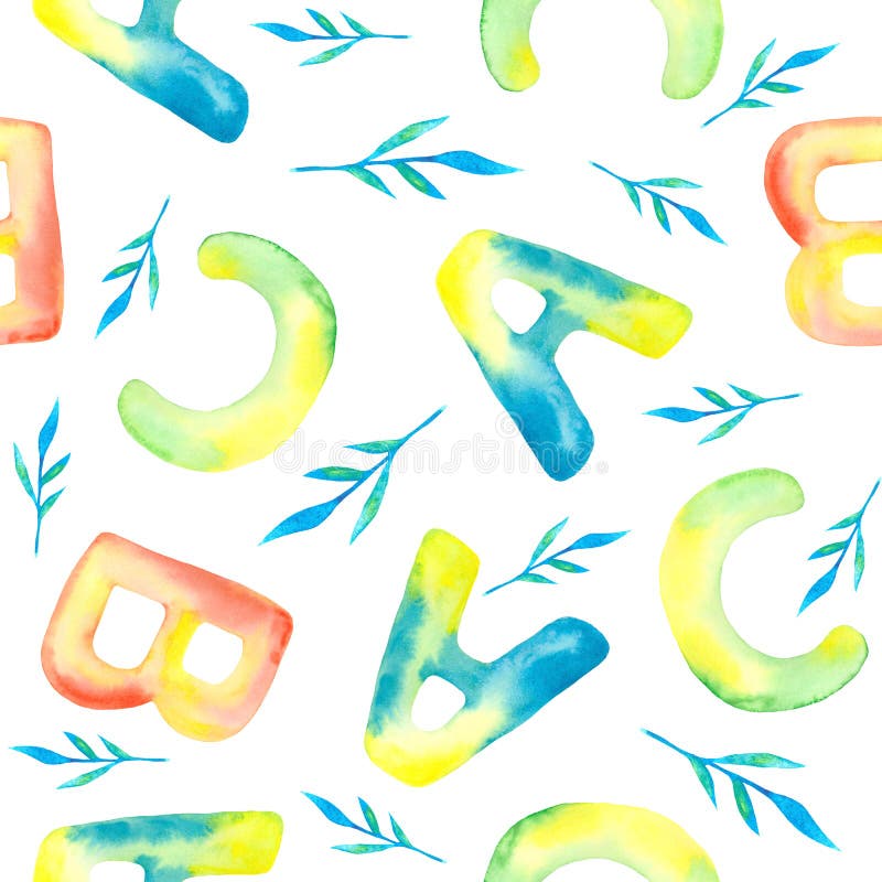 Watercolor Pattern with Letters and Leaves Stock Illustration ...