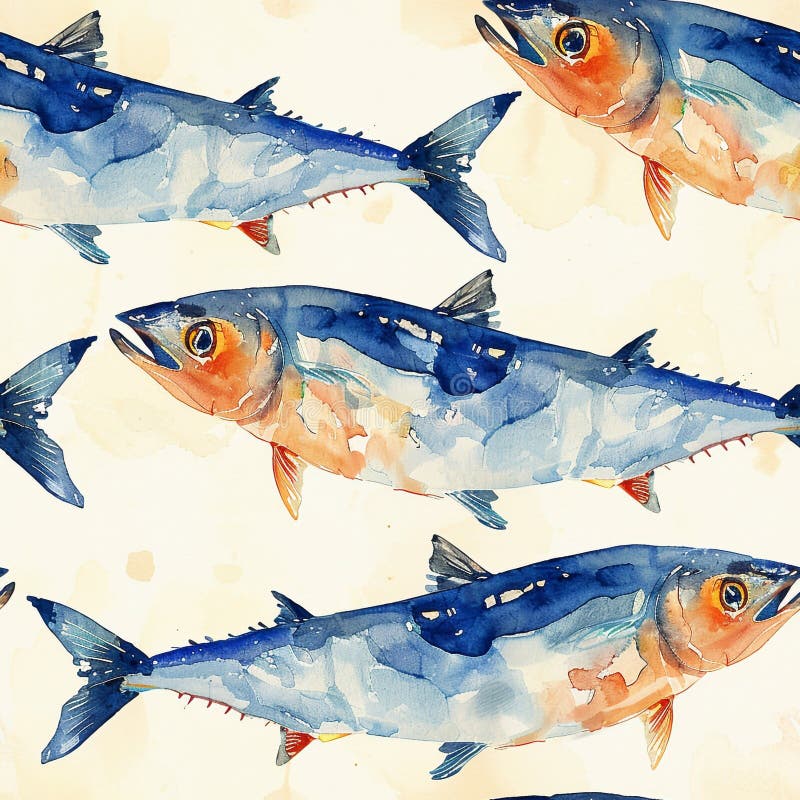 Watercolor Pattern with Mackerel Fish Stock Illustration - Illustration ...