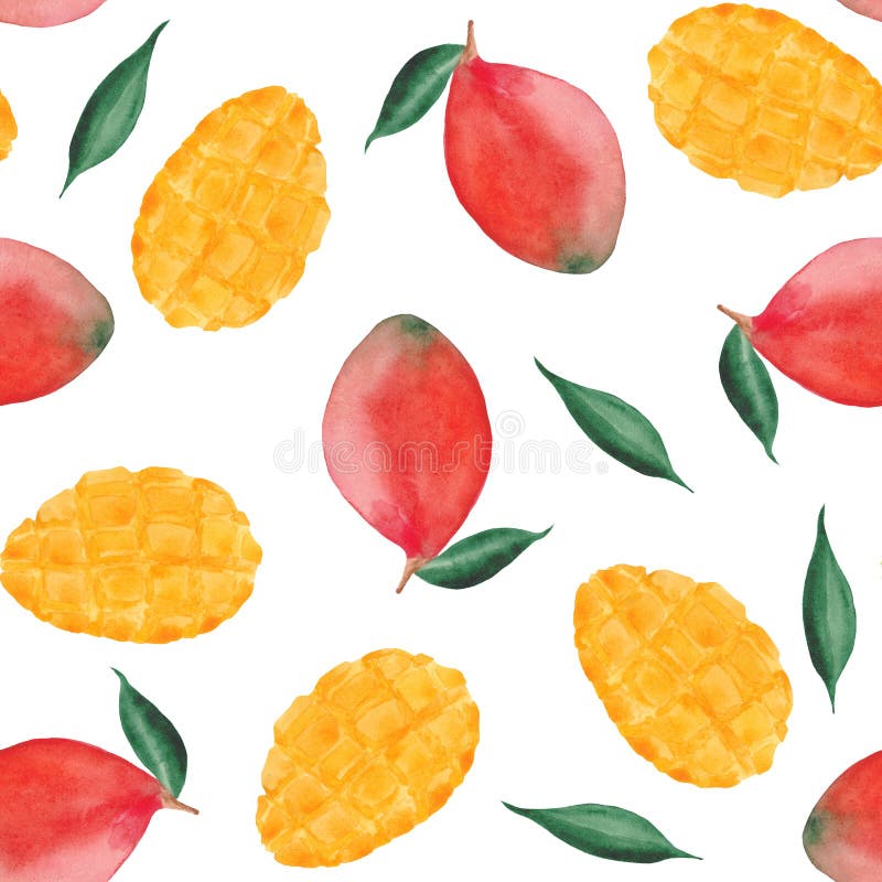 Watercolor Pattern with Mango, Mango Slices and Leaves Stock ...
