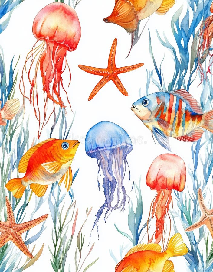 Watercolor Pattern of Sea Life in a Seamless Underwater Design Stock ...