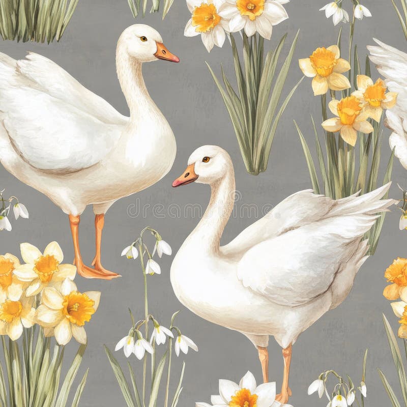 Watercolor Pattern Seamless Design Geese Spring Flowers Stock Photos ...