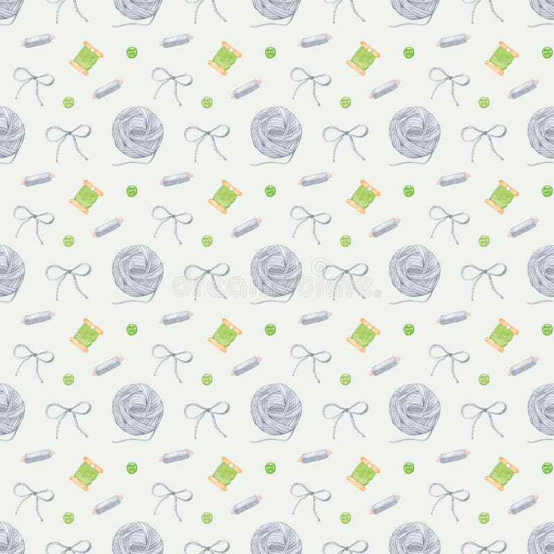 Watercolor Pattern with Sewing Knitting Threads with Green Buttons. a ...