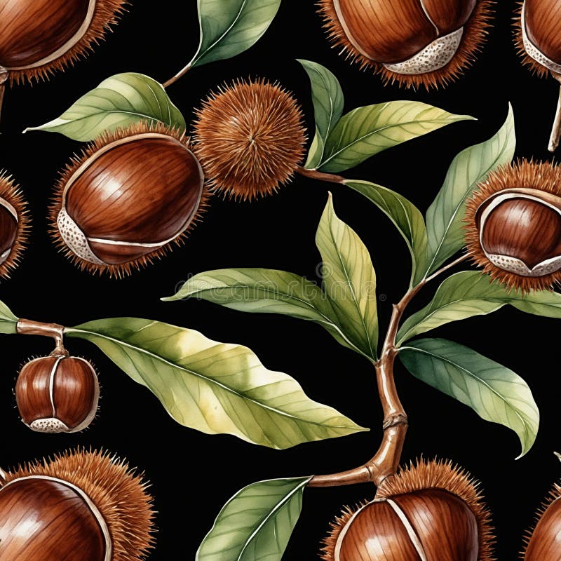 Watercolor Pattern of Spanish Chestnut on a Solid Black Background Stock Illustration ...