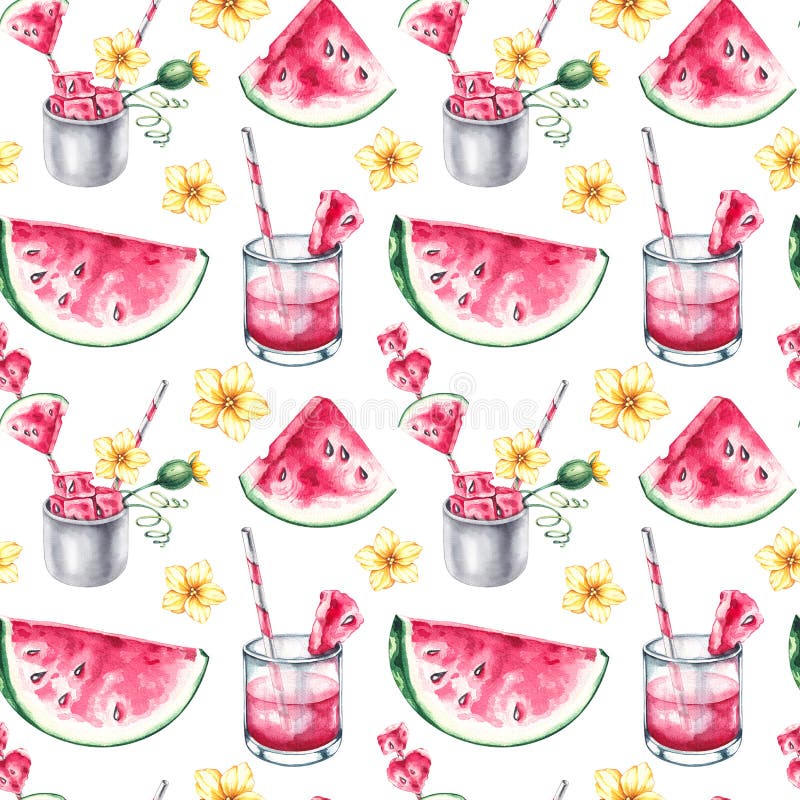 Watercolor Pattern with Watermelons and Watermelon Drinks Stock ...