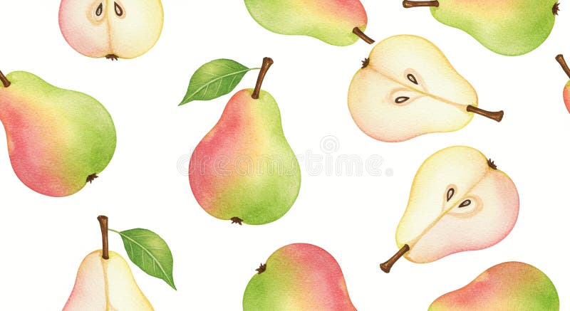Watercolor Pattern of Whole and Halved Pears with Leaves on a White ...
